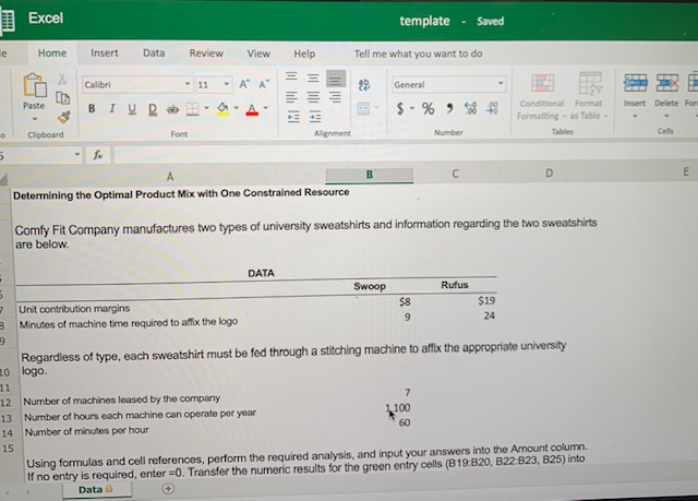 Excel template - Saved le Home Insert Data Review | Chegg.com
