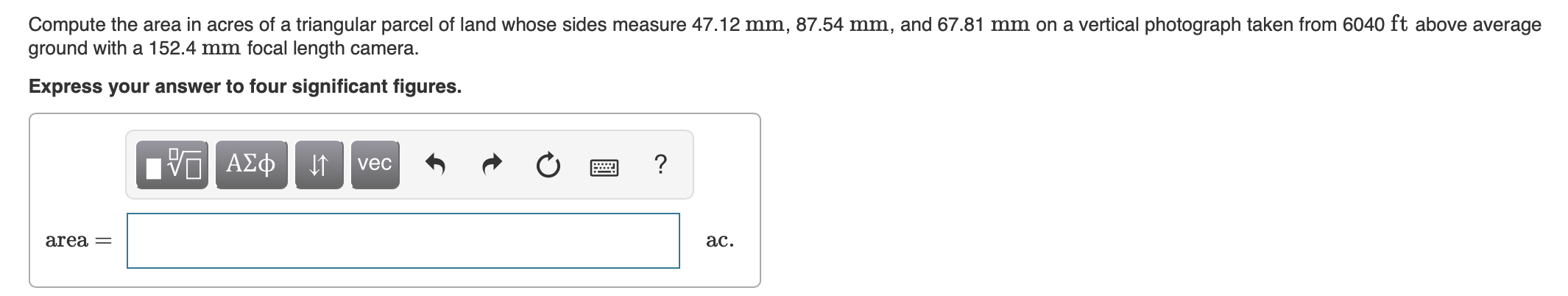 Solved Compute the area in acres of a triangular parcel of | Chegg.com
