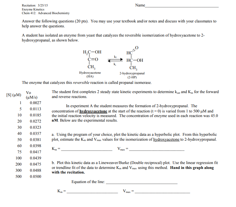 Name Recitation: 3/25/15 Enzyme Kinetics Chem 412: | Chegg.com