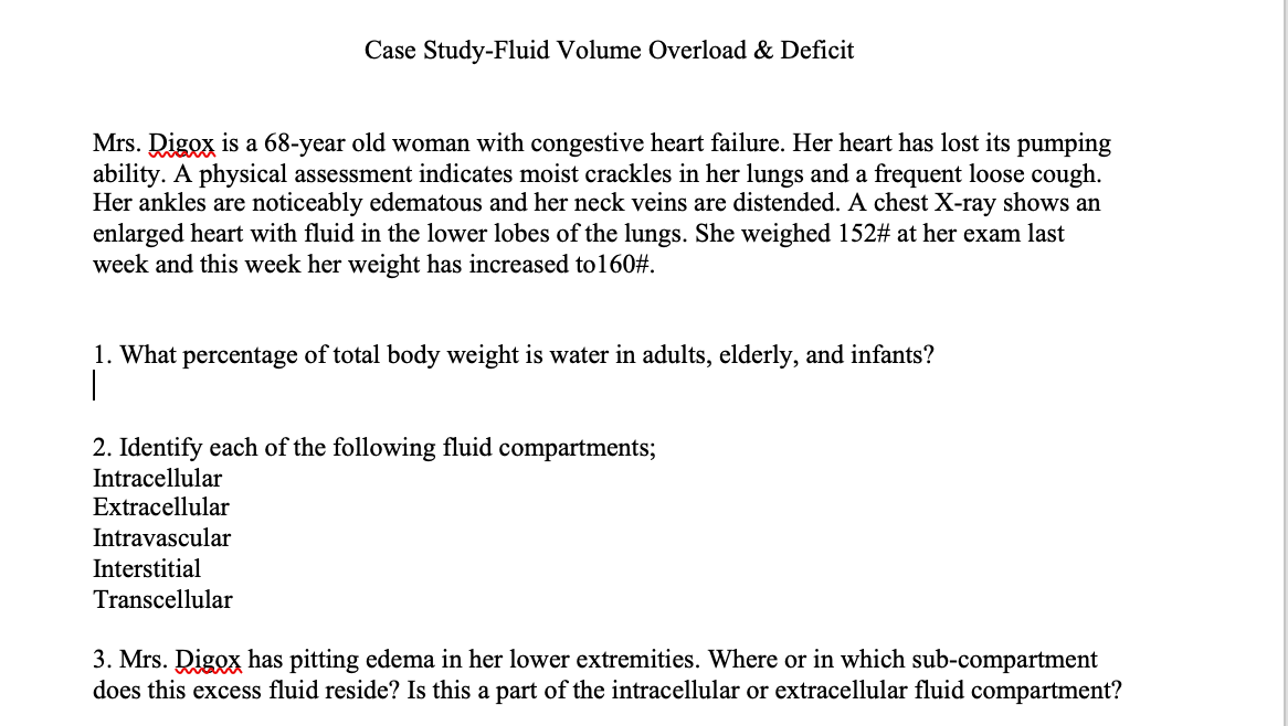 Solved Case Study-Fluid Volume Overload & Deficit Mrs. Digox | Chegg.com
