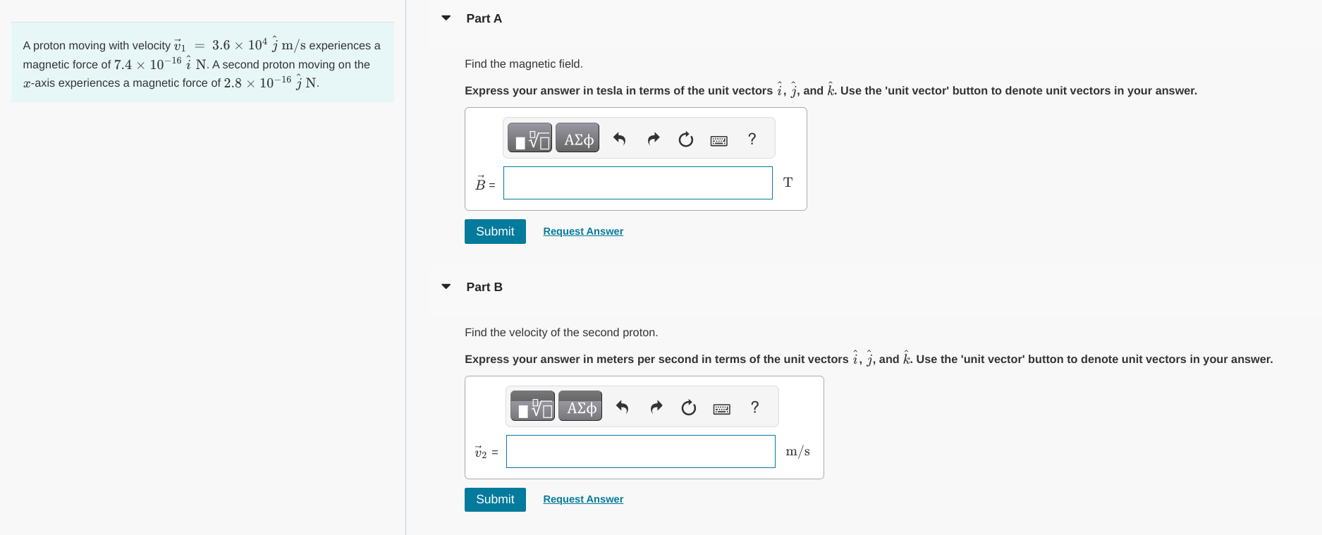 Solved A proton moving with velocity v1=3.6×104j^ m/s | Chegg.com