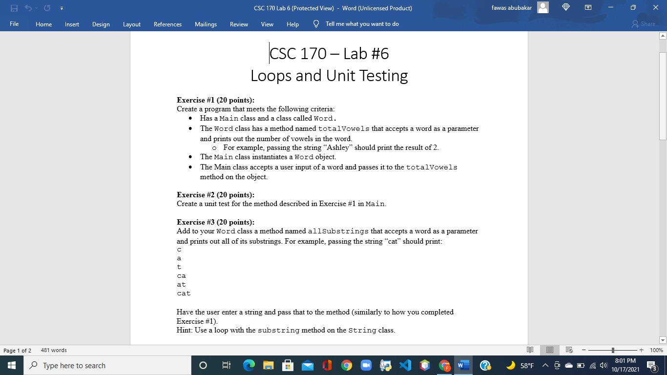 Solved CSC 170 Lab 6 (Protected View) - Word (Unlicensed | Chegg.com