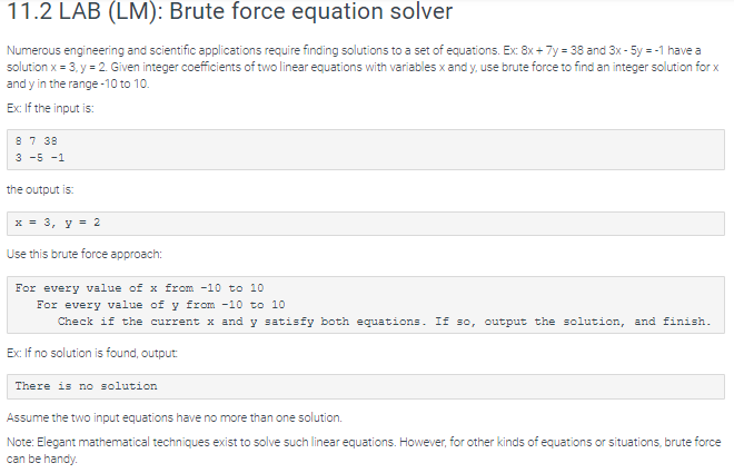Solved 11.2 LAB (LM): Brute force equation solver Numerous | Chegg.com