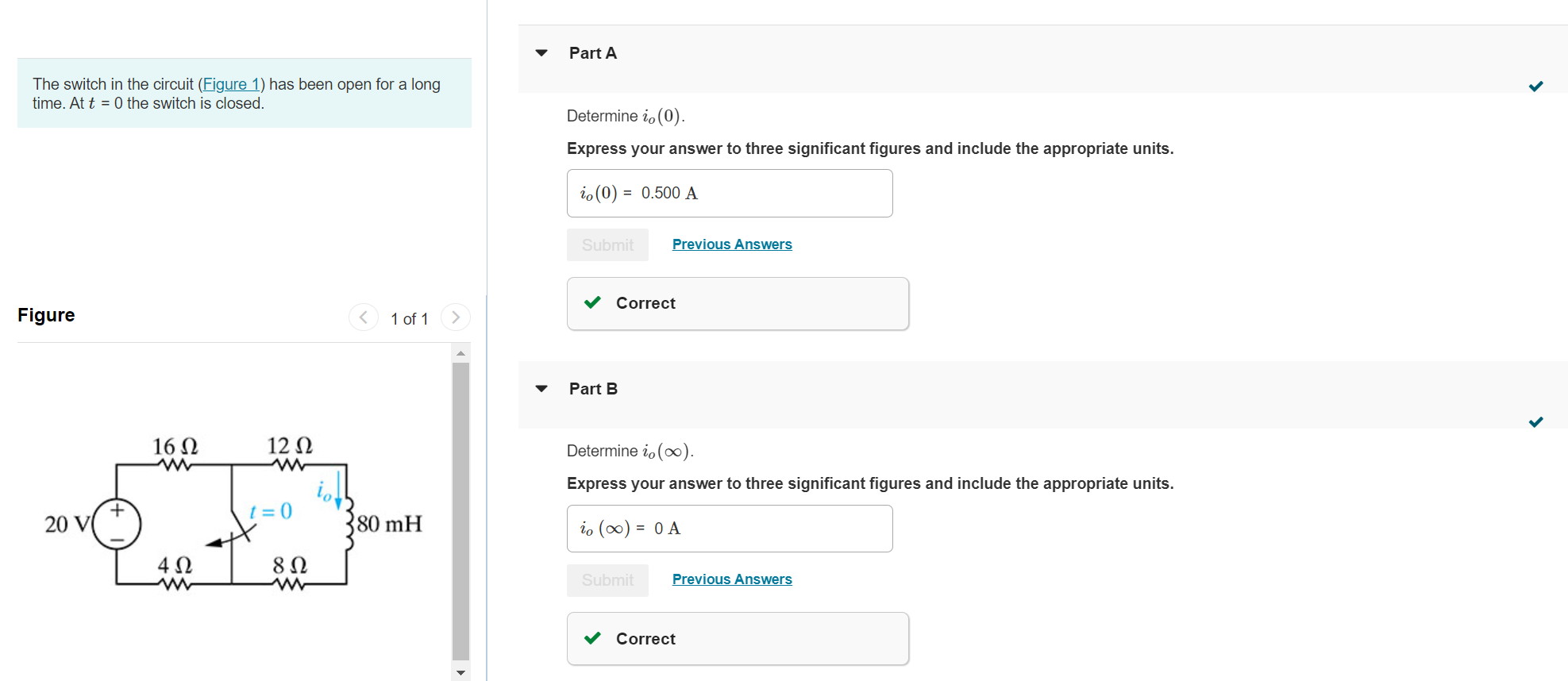 Solved The switch in the circuit (Figure 1) has been open | Chegg.com