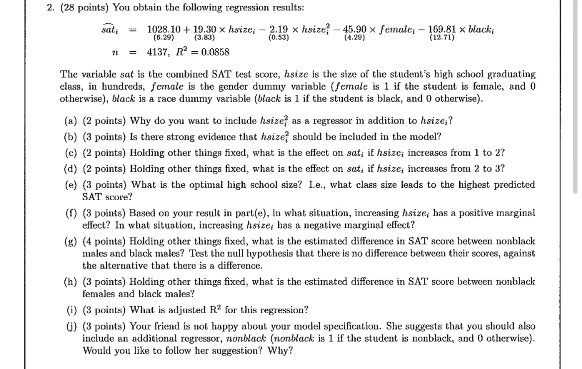Solved 2. (28 points) You obtain the following regression | Chegg.com