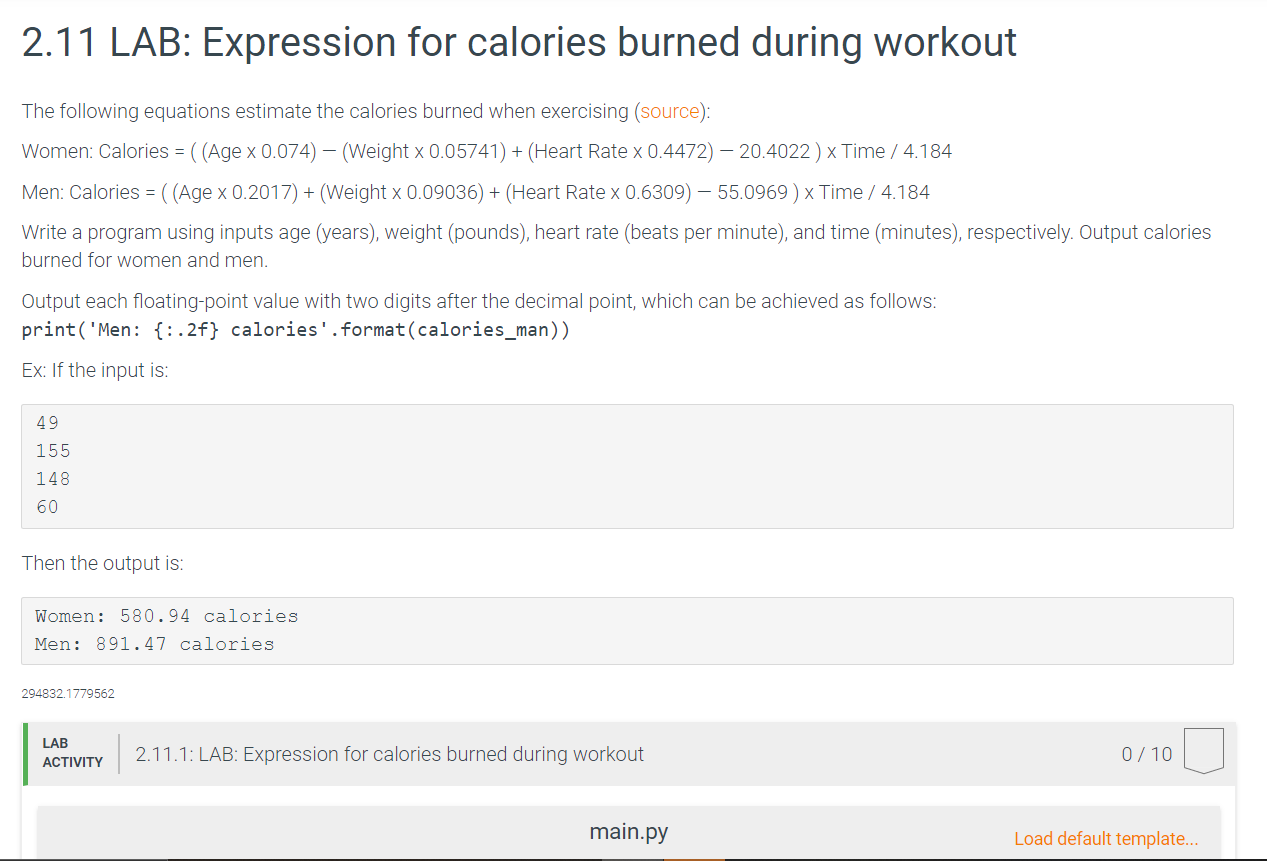 Solved 2.11 LAB: Expression for calories burned during | Chegg.com