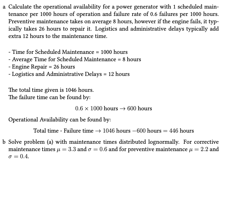 Solved a Calculate the operational availability for a power | Chegg.com
