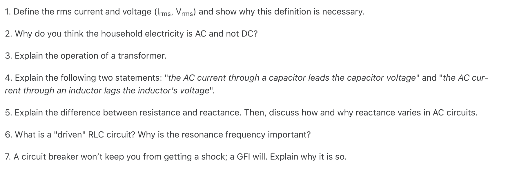 Solved 1. Define the rms current and voltage (Irms, Vrms) | Chegg.com