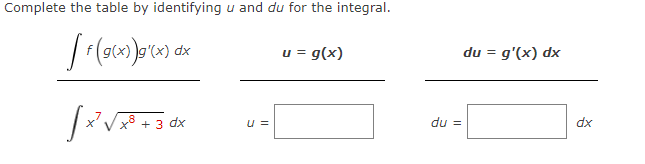 Solved Complete the table by identifying u and du for the | Chegg.com
