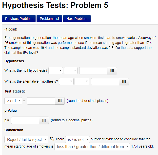 Solved Hypothesis Test Problem 5 Null Hypothesis box: [1st | Chegg.com