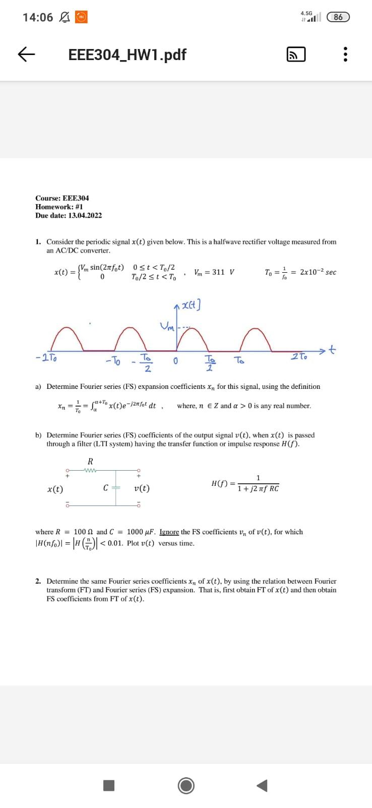 Solved 4.5G 14:06 2 انه ای 86 E EEE304_HW1.pdf Course: | Chegg.com