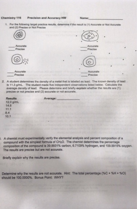 Solved Chemistry 116 Precision and Accuracy HW Name: 1. For | Chegg.com