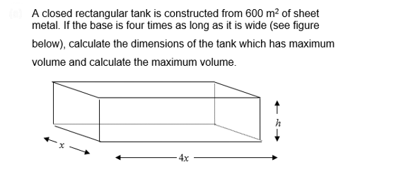 Solved A closed rectangular tank is constructed from 600 m2 | Chegg.com