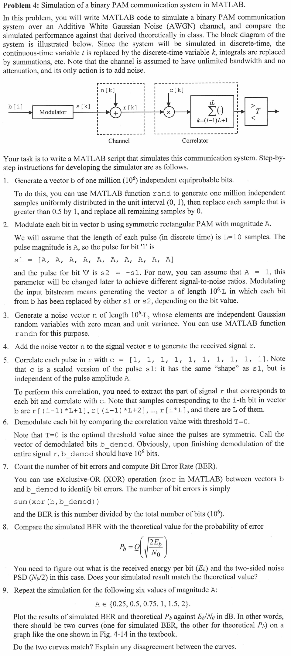 Problem 4: Simulation of a binary PAM communication | Chegg.com