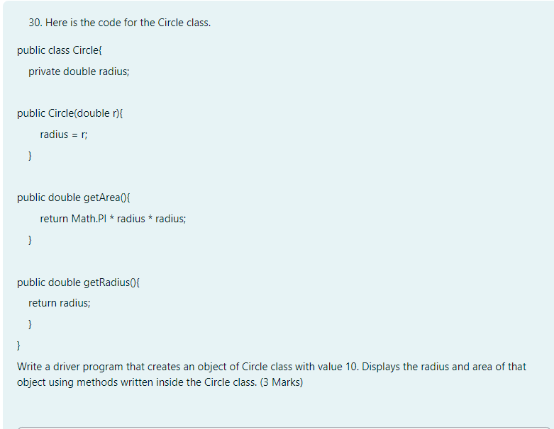Solved 30. Here is the code for the Circle class. public | Chegg.com