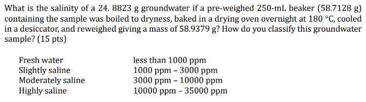 Solved What is the salinity of a 24.8823 ﻿g groundwater if a | Chegg.com