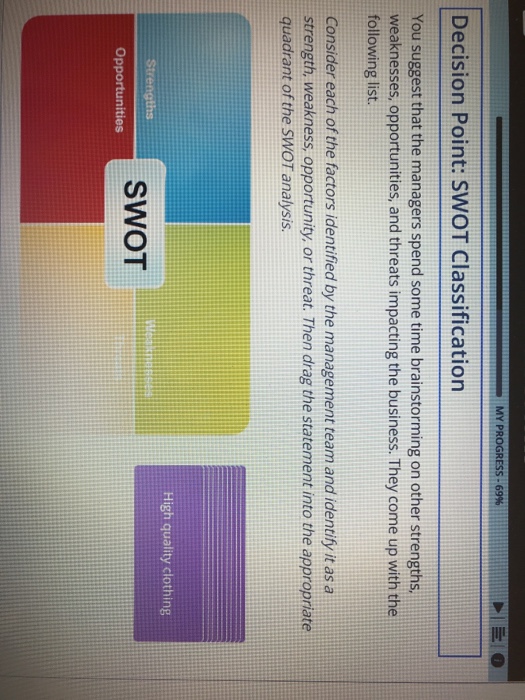 Solved MY PROGRESS-69% Decision Point: SWOT Classification | Chegg.com Solved MY PROGRESS-69% Decision Point: SWOT Classification | Chegg.com