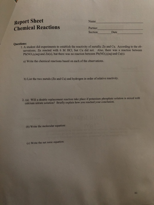 Solved Report Sheet Chemical Reactions Name Partner Section | Chegg.com