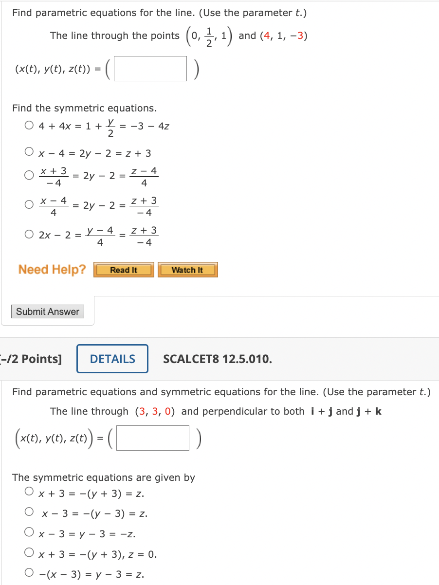 Solved Find parametric equations for the line. (Use the | Chegg.com