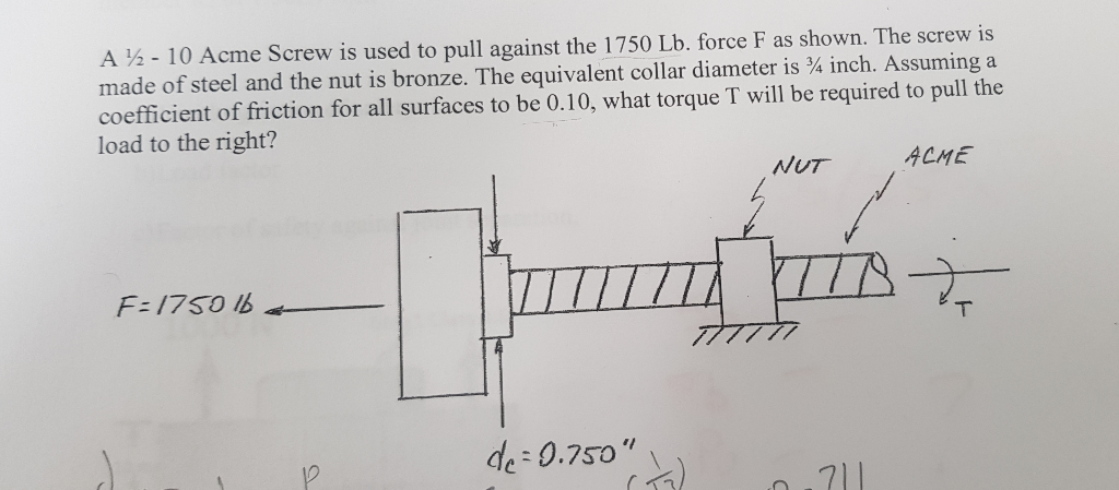 Solved A ½-10 Acme Screw is used to pull against the 1750 | Chegg.com