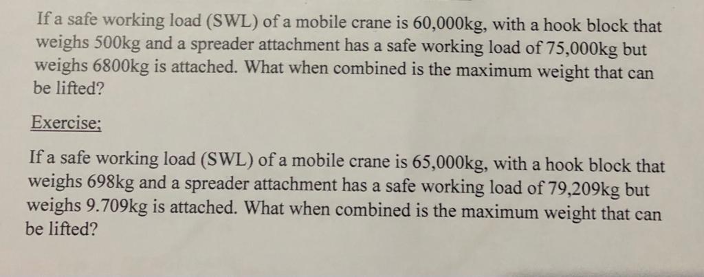 Solved If a safe working load (SWL) of a mobile crane is | Chegg.com