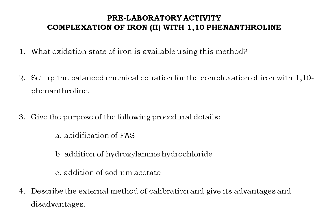 Solved PRE-LABORATORY ACTIVITY COMPLEXATION OF IRON (II) | Chegg.com