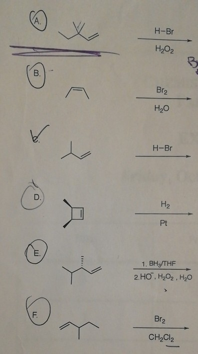 Solved A. Н-Br H2O2 B. Br2 H20 Н-Br D. На Pt E. 1. BH3/THF 2 | Chegg.com