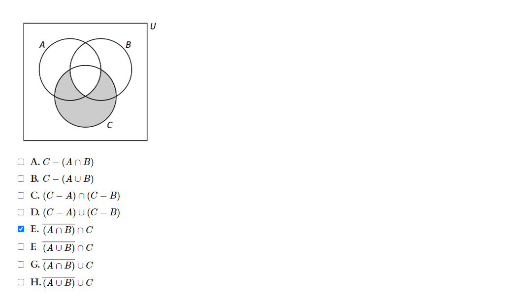 Solved A. C−(A∩B) B. C−(A∪B) C. (C−A)∩(C−B) D. (C−A)∪(C−B) | Chegg.com