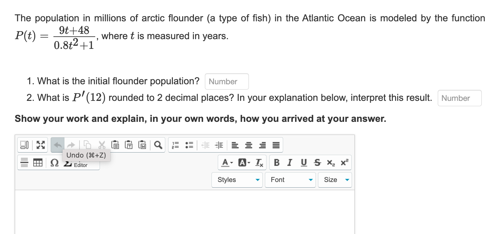 Solved The population in millions of arctic flounder (a type | Chegg.com