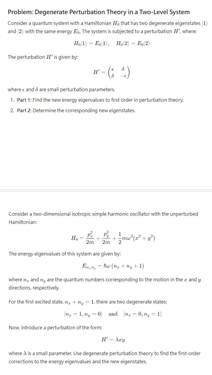 Solved Problem: Degenerate Perturbation Theory in a | Chegg.com