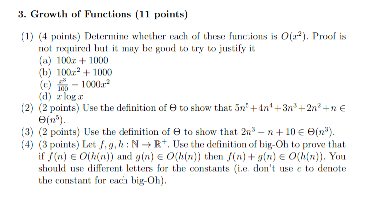 Solved 3. Growth of Functions (11 points) (1) (4 points) | Chegg.com