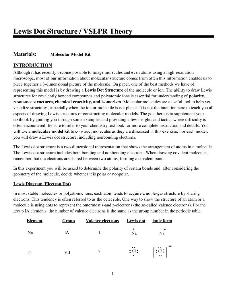 Solved Lewis Dot Structure / VSEPR Theory Materials: | Chegg.com