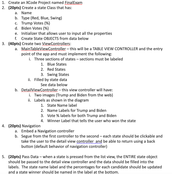 1. Create an XCode Project named FinalExam 2. (20pts) | Chegg.com