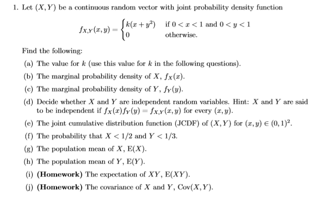 Solved 1. Let (X,Y) be a continuous random vector with joint | Chegg.com