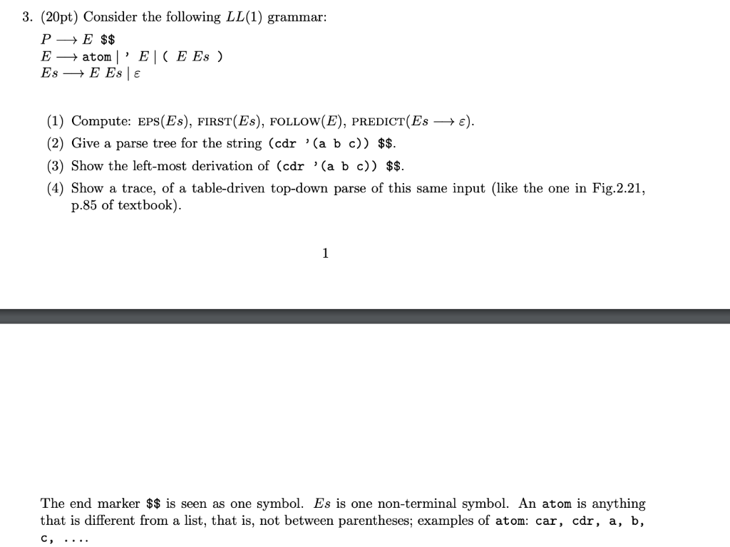 Solved 3. (20pt) Consider the following LL(1) grammar: P + E | Chegg.com