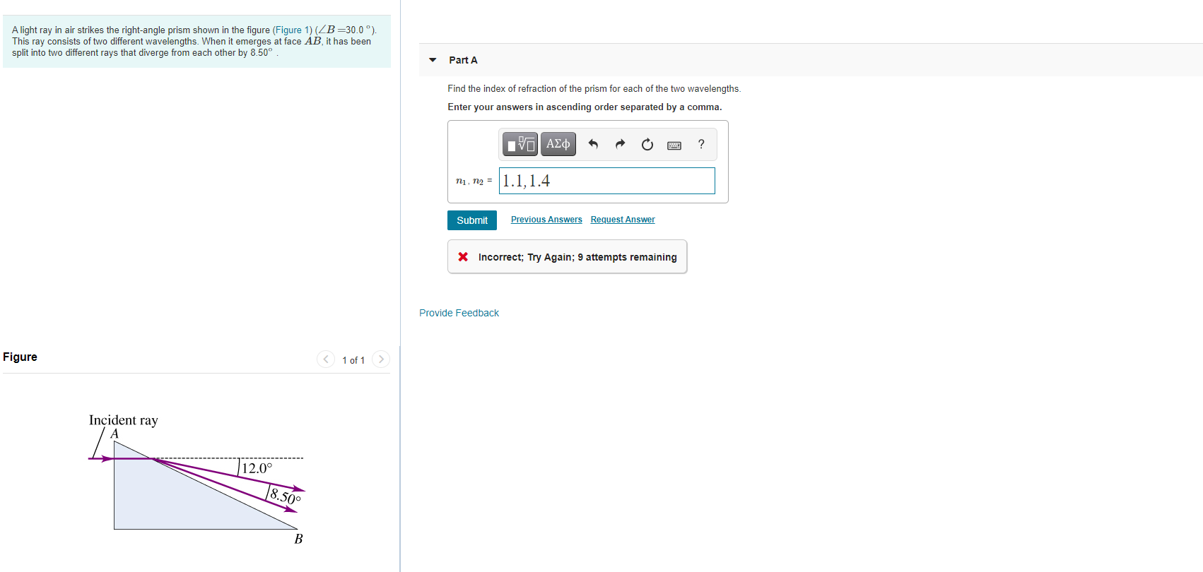 Solved A light ray in air strikes the right-angle prism | Chegg.com