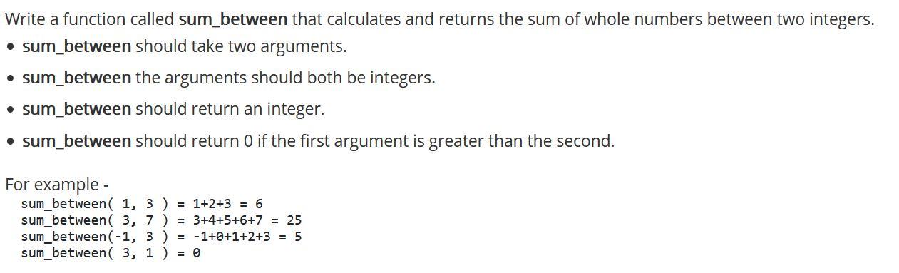 Solved Write a function called sum_between that calculates | Chegg.com
