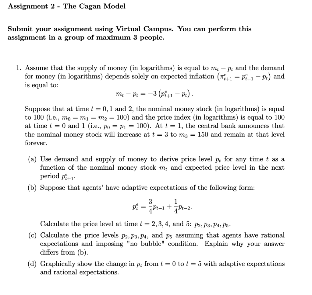 Assignment 2 - The Cagan Model Submit your assignment | Chegg.com