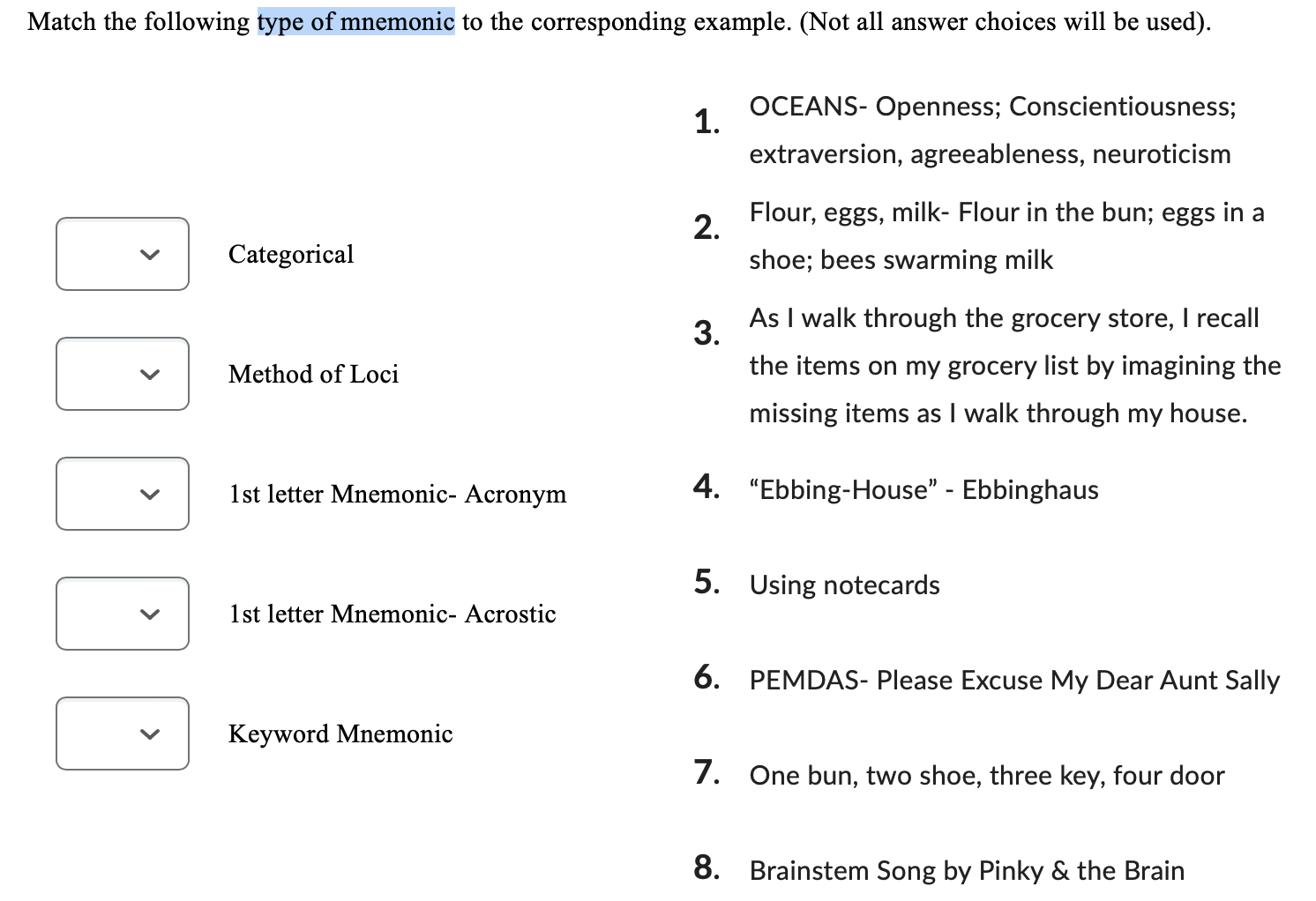 Solved ing type of mnemonic to the corresponding example. | Chegg.com