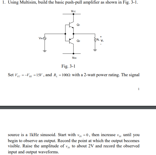 1. Using Multisim, build the basic push-pull | Chegg.com