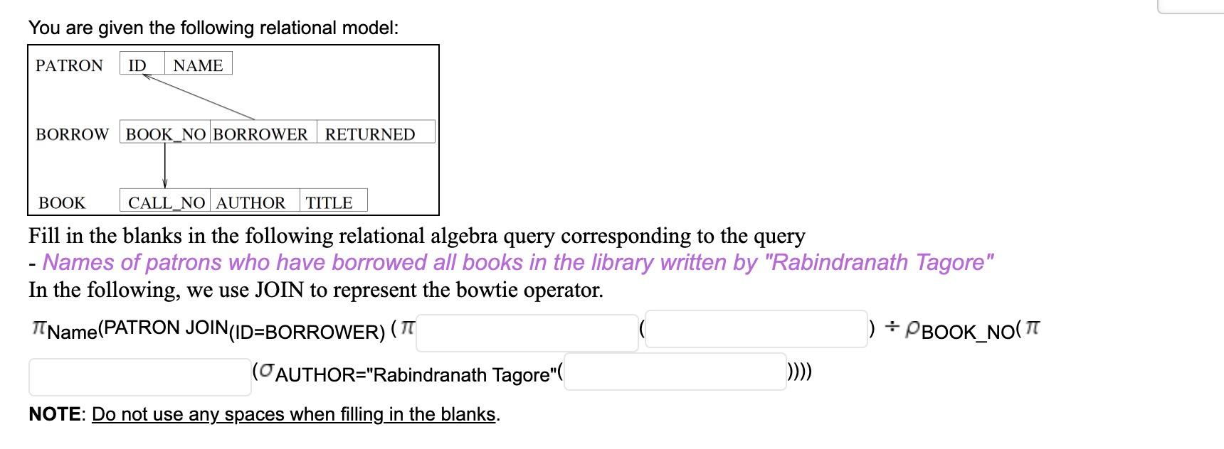 Solved You are given the following relational model: PATRON | Chegg.com