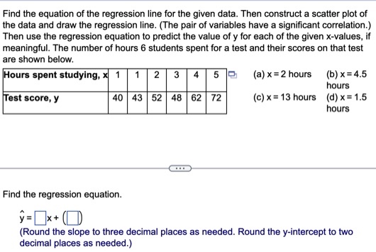 Solved Find the equation of the regression line for the | Chegg.com