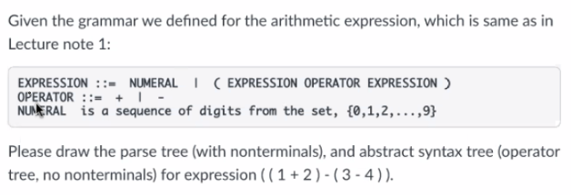 Solved Given the grammar we defined for the arithmetic | Chegg.com