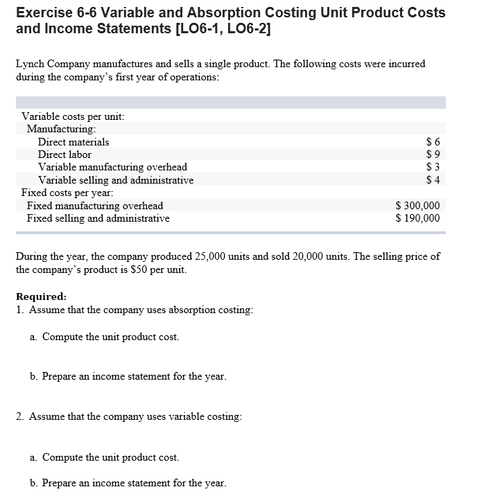 Solved Exercise 6-6 Variable and Absorption Costing Unit | Chegg.com