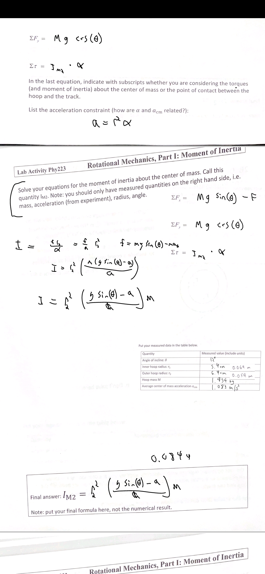ΣFy=Mgcos(θ)Στ=IMλ⋅α In the last equation, indicate | Chegg.com