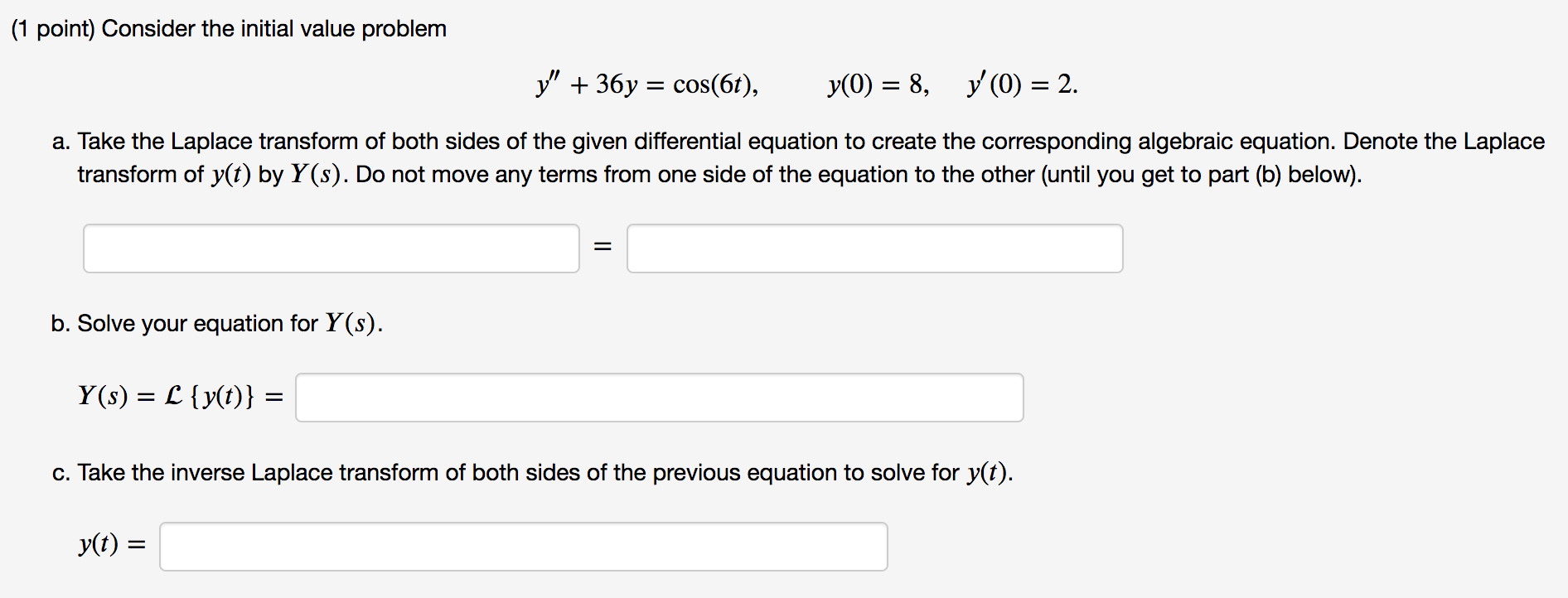 Solved (1 point) Consider the initial value problem y" + 36y | Chegg.com