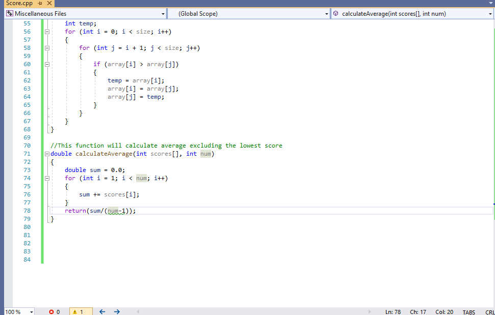 Solved calculateAverage(int scores[], int num) Score.cpp + x | Chegg.com