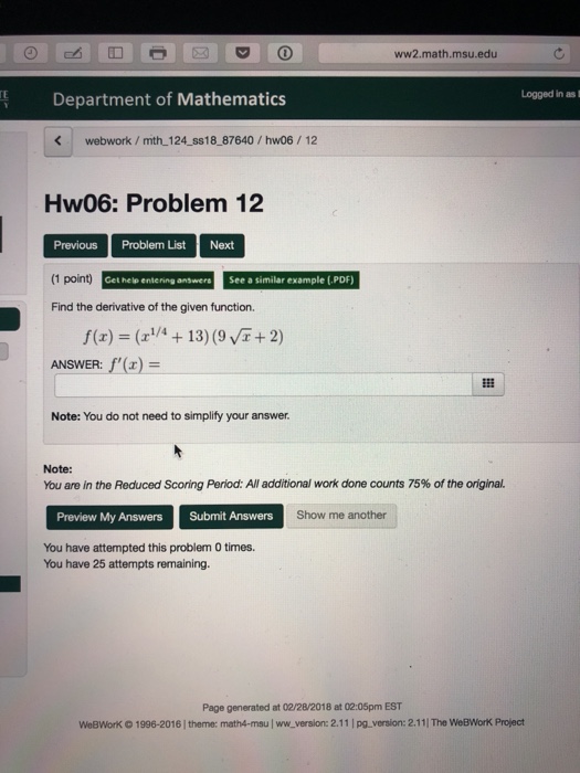 Solved ww2.math.msu.edu Department of Mathematics Logged in | Chegg.com