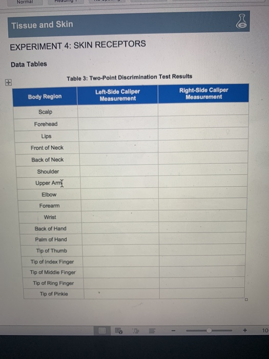 Normal Tissue and Skin EXPERIMENT 4: SKIN RECEPTORS | Chegg.com
