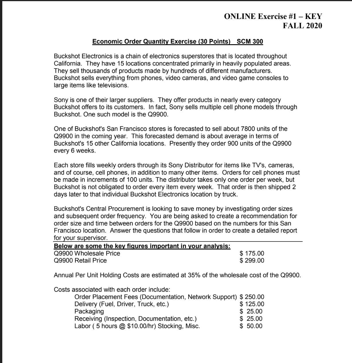 Solved ONLINE Exercise #1 - ﻿KEYFALL 2020Economic Order | Chegg.com